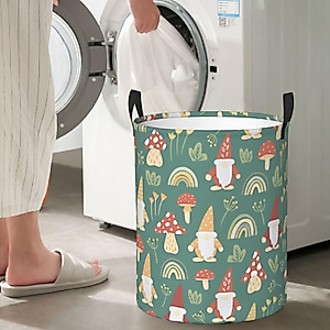 AFHYZY Gnome Laundry Hamper Collapsible Laundry Baskets with Handles Dirty Foldable Clothes Basket Easy Carry Laundry Bag Round Storage Basket for Blanket, Bedroom, Dorm, Family (S) -Mushroom