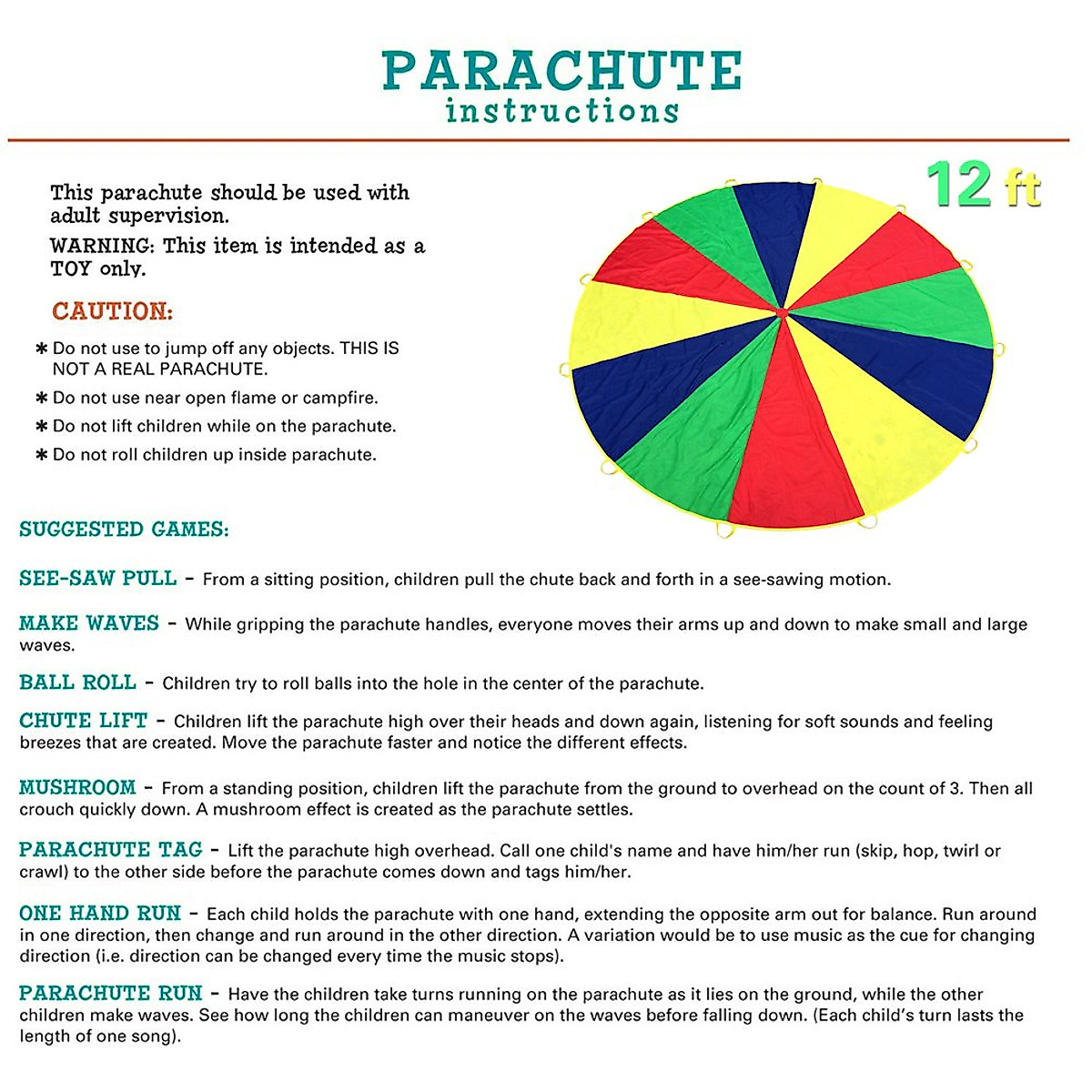 Everfunny Play Parachute, 12 Foot for Kids with 12 Handles Play Parachute for 8 12 Kids Tent Cooperative Games Birthday Gift