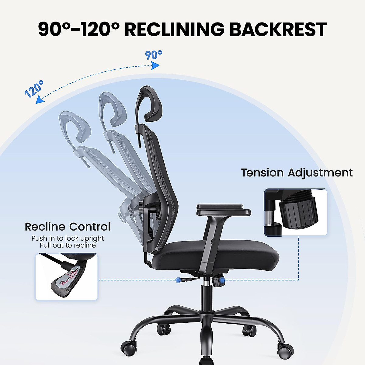 NOBLEWELL Office Chair Ergonomic Office Chair with Large Seat, Lumbar Support Computer Chair, Desk Chair with Adjustable Headrest, Armrest