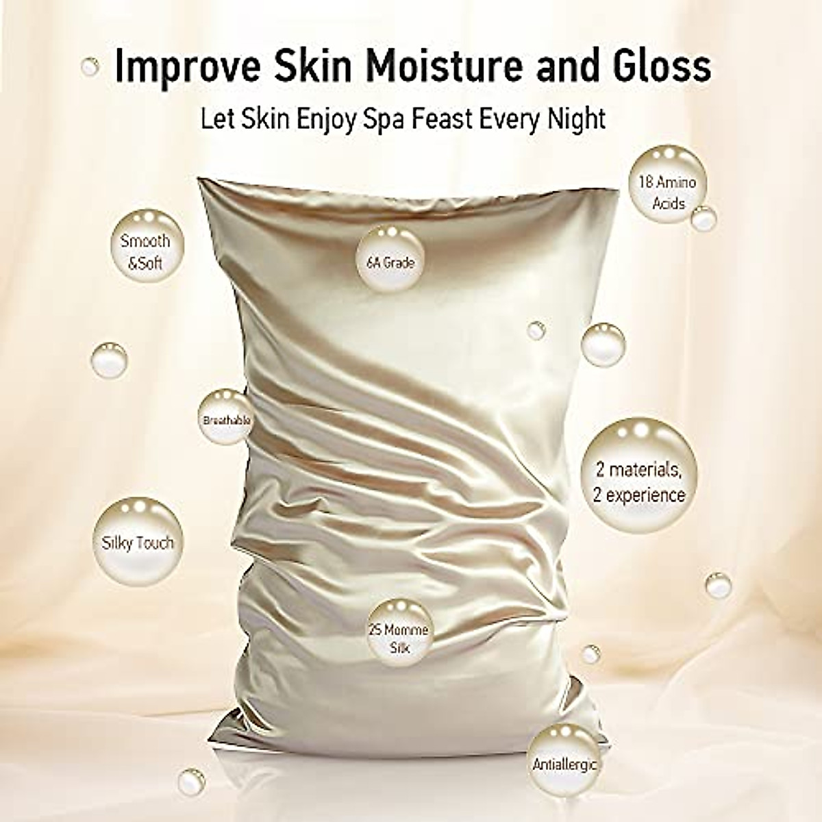 Silk Pillowcase 2 Pack for Hair and Skin,22 Momme 100% Mulberry Silk & Natural Wood Pulp Fiber Grade 6A Dual-Sided Silk Pillow Cases with Hidden Zipper,600 Thread Count(Champagne,Standard 20"x26")