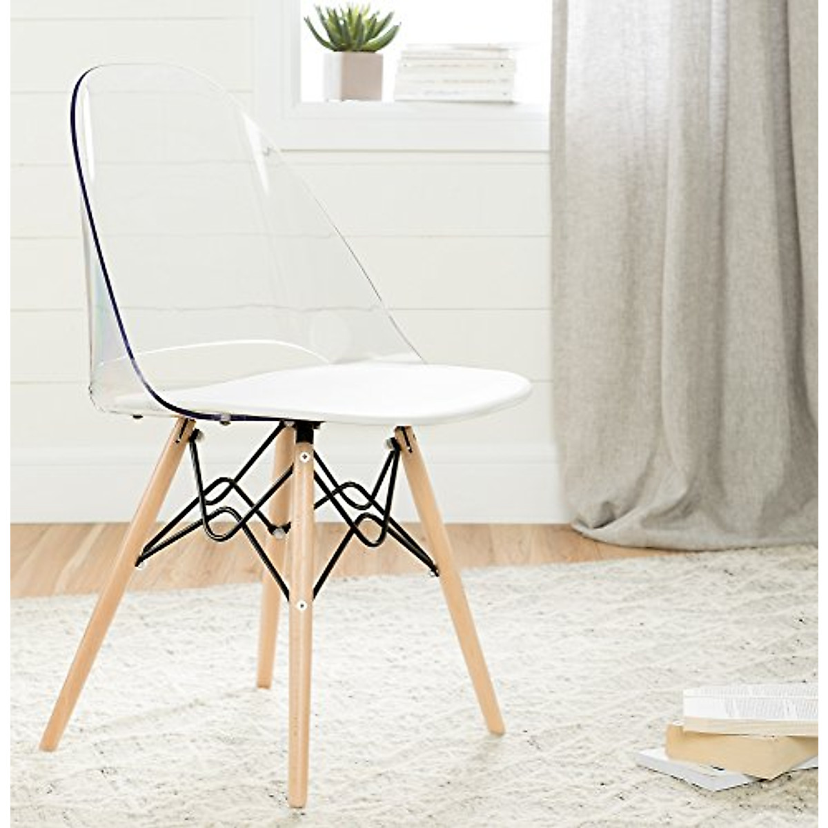 South Shore Annexe Mid-Century Modern Eiffel Office Chair, Wooden Legs, Clear and White 19.5D x 16.25W x 32.5H in