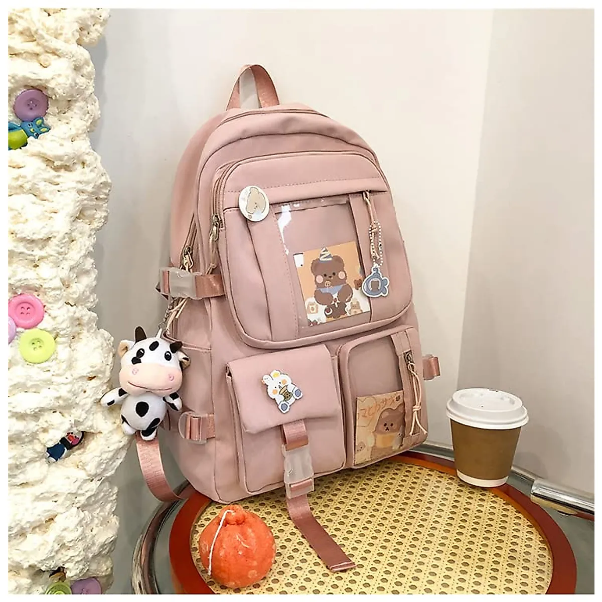 Dearsee Kawaii Backpack with Cute Pin Accessories Plush Pendant Kawaii Backpack Cute Aesthetic Backpack