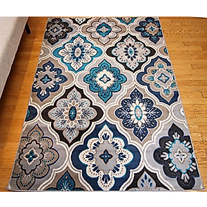 Generations New Contemporary Panal and Diamonds Beige Navy Coral Blue Grey Modern Area Rug Rugs 7'10 Round