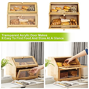 Bread Storage Farmhouse Bread Box For Kitchen Countertop Bread Container With Clear Window Breadbox Double Layer Bamboo Wooden Extra Large Capacity Bin Kitchen Food Storage Container(Trapezoid)Self-Assembly