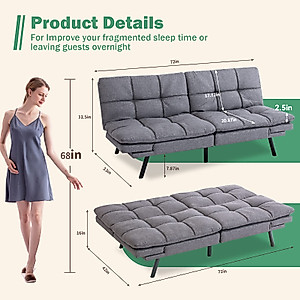 Vyfipt Futon Bed/Couch,Grey Polyester Memory Foam Small Splitback, Easy-Convert Backrests&Armrests,Stain-Resistant Fabric Sofas, 71x33x31.5