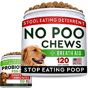No Poo Treats + Dog Probiotics for Picky Eaters Bundle - No Poop Eating for Dogs + Chewable Fiber Supplement - Digestive Enzymes + Prebiotics - Coprophagia Stool Eating Deterrent + Improve Immunity