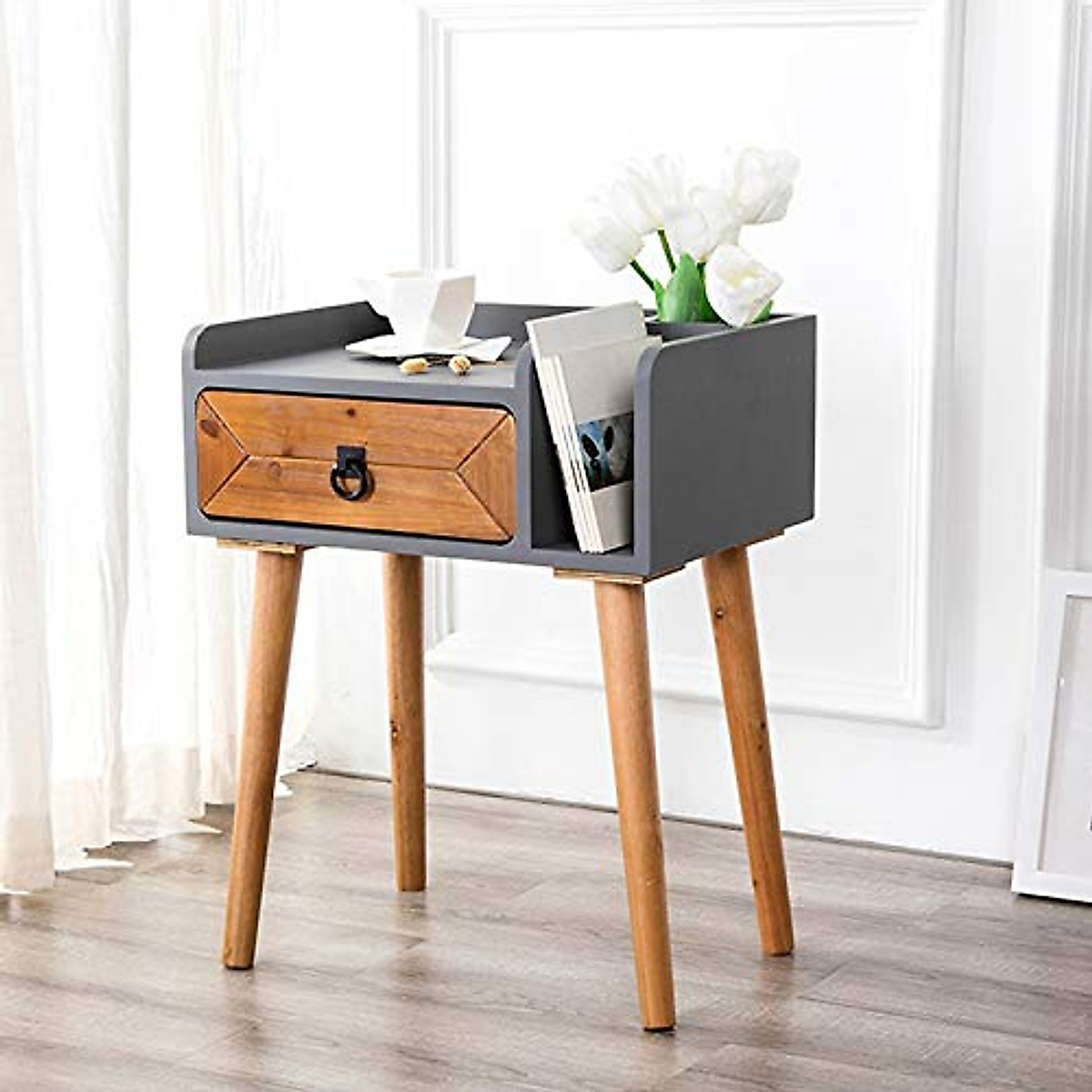 SJYDQ Steady Pine Wood Drawer Cabinet Handle Storage Cabinet Stable Bedside Table MDF Sheet Aluminum Nightstand Easy Install