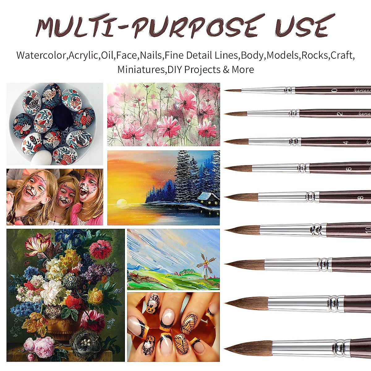 Sable Watercolor Brushes, Fuumuui 9pcs Detail to Mop Kolinsky Sable Brushes Round Pointed Professional Watercolor Brushes Perfect for Watercolor Gouache Acrylic Ink Painting