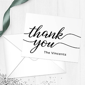 Script Black And White Personalized Thank You Cards / 100 Modern Cursive Custom Appreciation Note Cards With White Envelopes / 4 1/4" x 5 1/2" Bulk Generic Wedding Thanks Greeting Cards