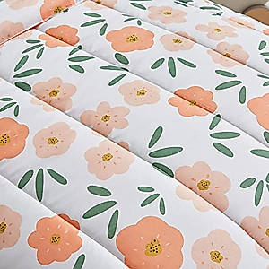 4 Pieces White Girls Toddler Bedding Set Orange Floral Style - Includes Adorable Quilted Flower Comforter, Green Plaid Fitted Sheet, Top Sheet, and Pillow Case for Girls Bed