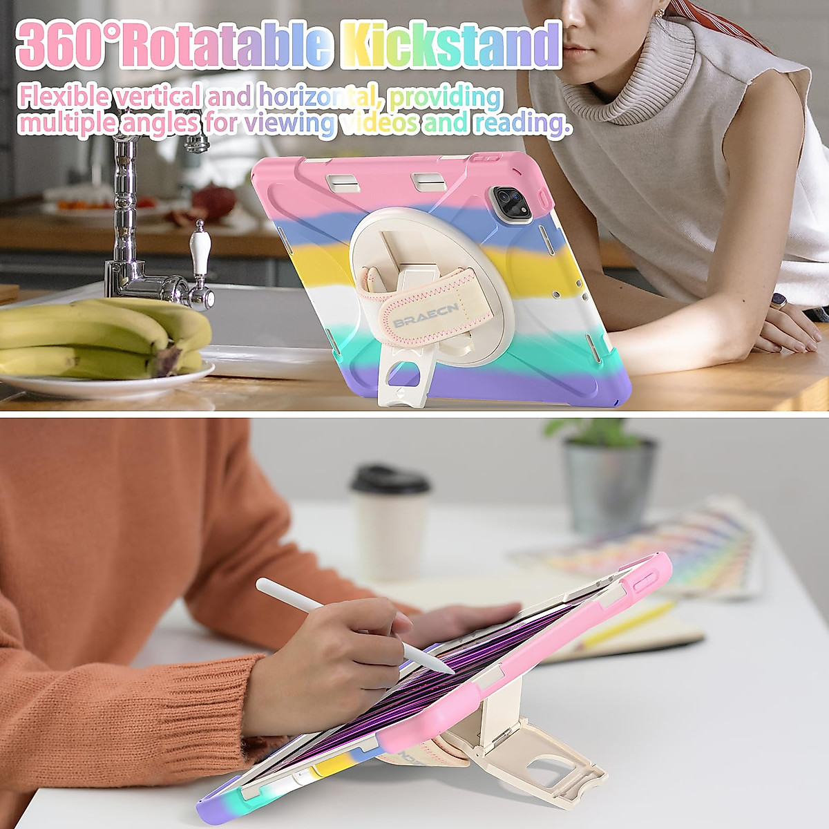 BRAECNstock Kids Case for Apple iPad Air 13 inch (M3/ M2)/ Pro 12.9 inch 6th/5th/4th/3rd Geneation, Shockproof Protective Case with Pencil Holder, [360° Rotating Hand Strap + Stand], Colorful Pink
