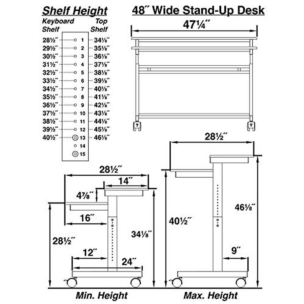 Stand Up Desk Store Rolling Adjustable Height Two Tier Standing Desk Computer Workstation (Black Frame/Black Top, 48" Wide)
