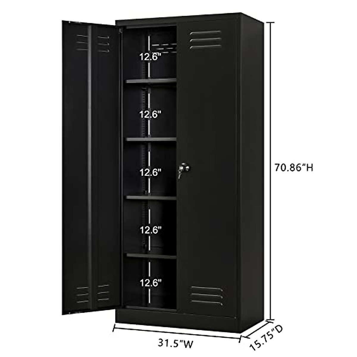 CJF Metal Storage Cabinet, Locked Steel File Cabinet with 4 Adjustable Shelves & Locking System, Tall Metal Garage Cabinet for Office, Home, 70.86" H×31.5" W×15.75" D（Black）