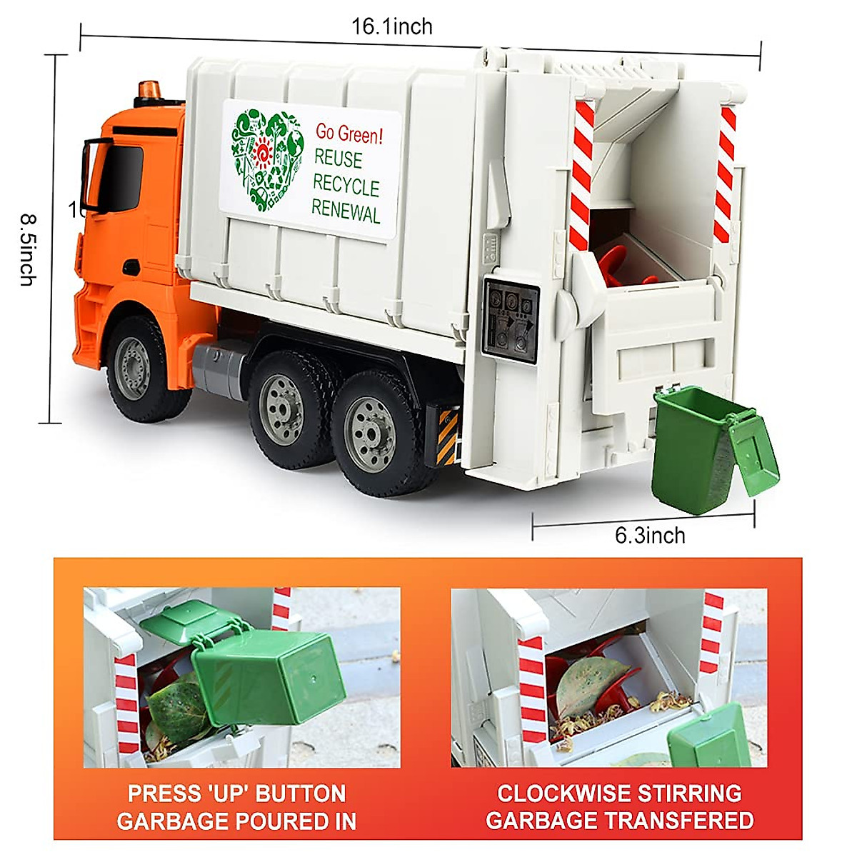 DOUBLE E Benz Licensed Remote Control Garbage Truck Electric Recycling Toy Set with Trash Bin Real Lights Rechargeable Waste Management Trash Truck Toys Gift for Kids