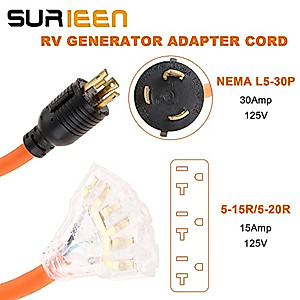 SURIEEN 30 Amp to 15 Amp Adapter Generator Power Cord, 3 Prong NEMA L5-30P Male Plug to 3X 5-20R/5-15R Female, Connectors Adapter Cord with Lighted End, 1.5 FT