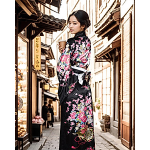 PLULON 5Pcs Japanese Robe Geisha Yukata Dress Blossom Satin Bathrobe with Drawstring Bag Hand Fan Hairpin Tabi Socks Set for Women