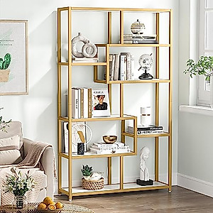 Tribesigns Bookshelf 5 Tier Etagere Bookcase, Modern Gold Book Shelf Organizer Display Rack with 8 Open Storage Shelf for Home Office, Living Room, Bedroom