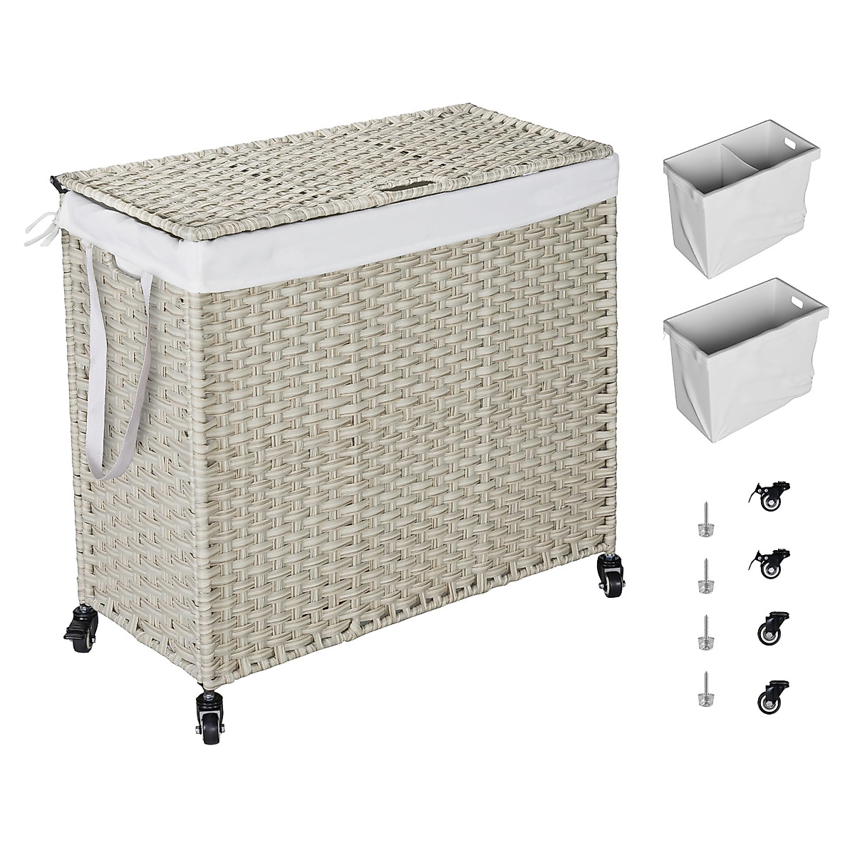 Knocbel Laundry Hamper with Lid and 2 Liners, PE Rattan Frame Clothes Hampers with 2 Removable Bags, Laundry Sorter with Side Handle and 4 Wheels, Gray 160L/42.26Gal