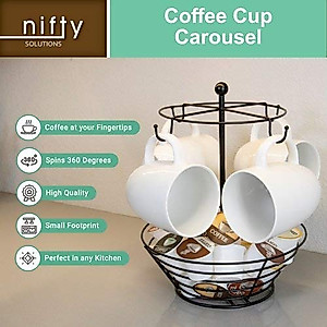 Nifty Coffee Pod & Mug Carousel – Holds 4 Cups, Capsule Storage, Spins 360-Degrees, Lazy Susan Platform, Modern Black Steel, Home or Office Kitchen Counter Organizer