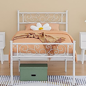 Elephance Twin Size Bed Frame with Headboard and Footboard, Metal Platform Bed Frame with 14 Inch Storage Space Mattress Foundation No Box Spring Needed for Girl Boy White