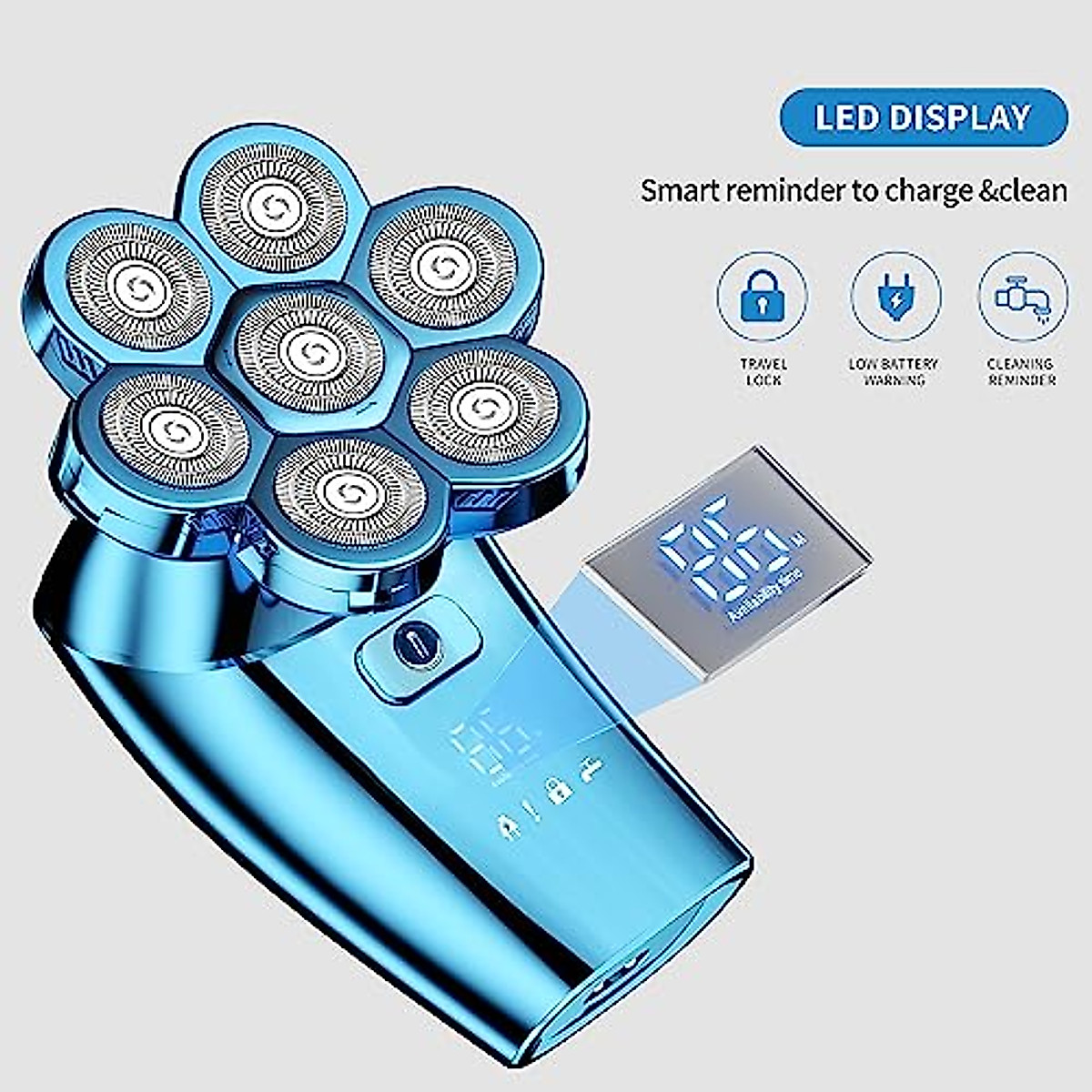 UPTARD Electric Head Shavers for Men, Bald Razor Men,Head Shaver with Nose Hair Sideburns Trimmer, LED,Travle Lock (Blue) 7.17×4.2×4.41 (ht1699)