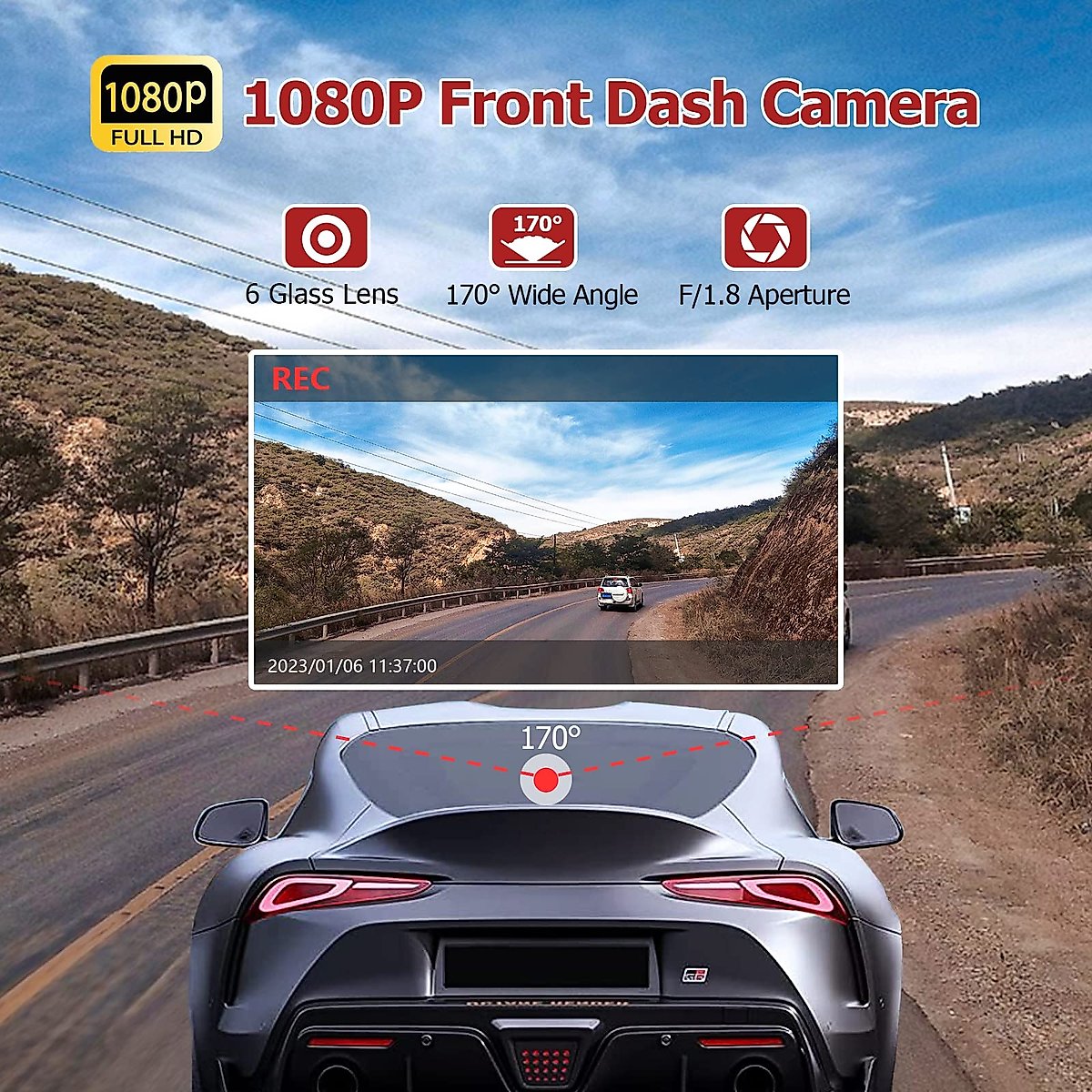 Dash Camera for Cars, 1080P FHD Dash Cam Front, Car Camera Dashcam with WiFi APP Control, Loop Recording, G-Sensor, Night Vision, 24H Parking Mode, Support 128GB SD Card Max (Not Included