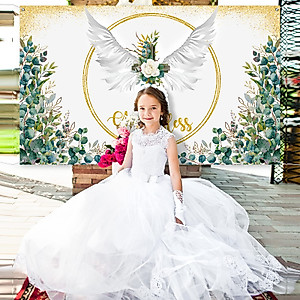 Remagr God Bless Backdrop First Communion Baptism Christening Party Decorations Banner Green Leaves Newborn Baby Shower Photography Background Favors Supplies Photo Booth, 71 x 43 in, One Size