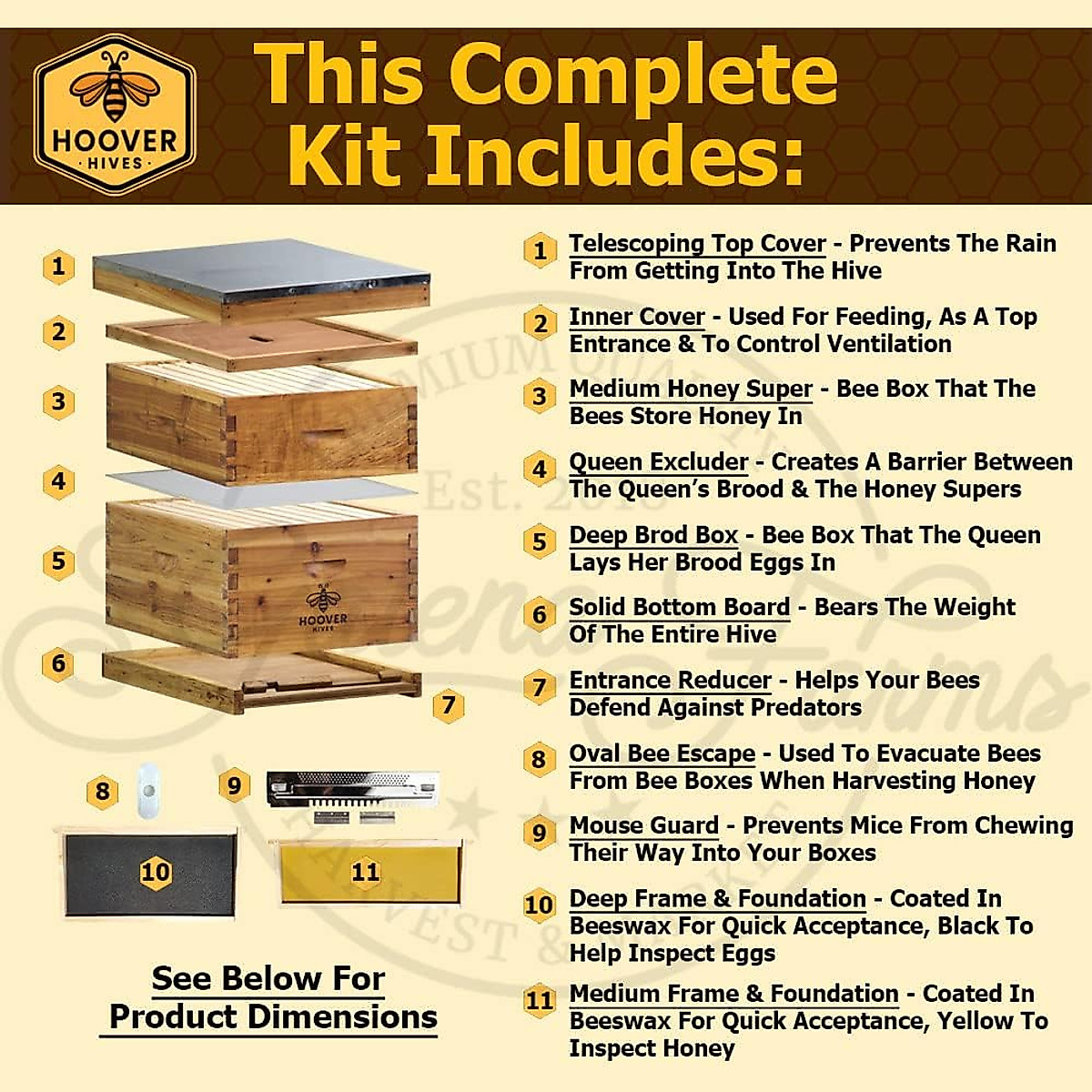 Hoover Hives 8 Frame Langstroth Beehive Dipped in 100% Beeswax Includes Wooden Frames & Waxed Foundations (1 Deep Box, 1 Medium Box)