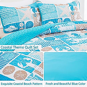 DJY Coastal Quilt Set King Coastal Blue Pattern Quilt Coverlet Set Soft Coastal Patchwork Bedspread with 2 Pillow Shams 3 Pieces Coastal Bedding Quilt Set for All Season 90"x 104"
