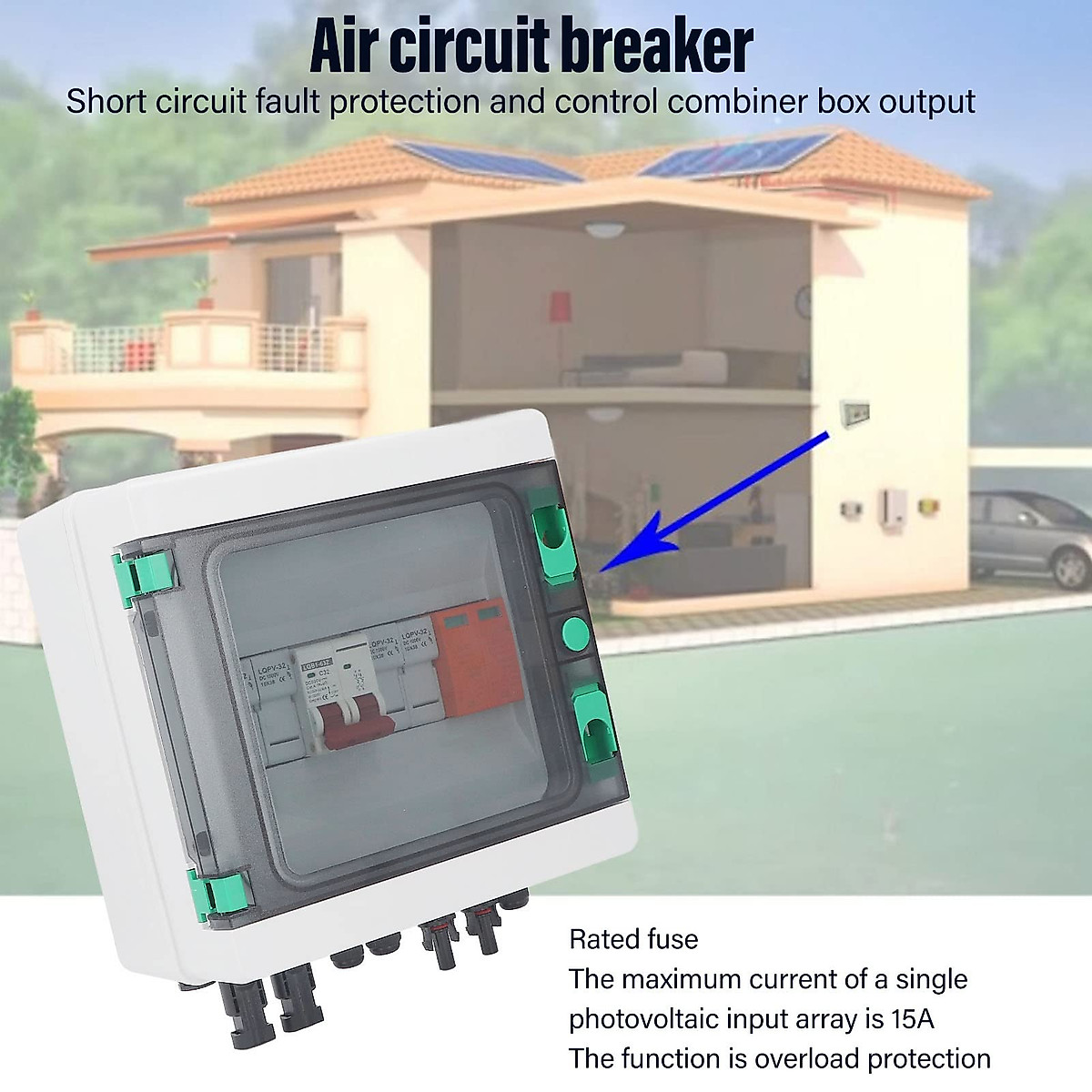 PV Combiner Box, DC500V 2 String Solar PV Combiner Box Waterproof Overload Protection with 15A Fuse for RV