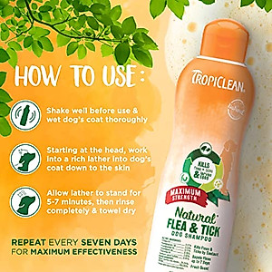 TropiClean Maximum Strength Natural Flea and Tick Dog Shampoo, Natural Flea and Tick Prevention for Dogs, Made in the USA, 20oz