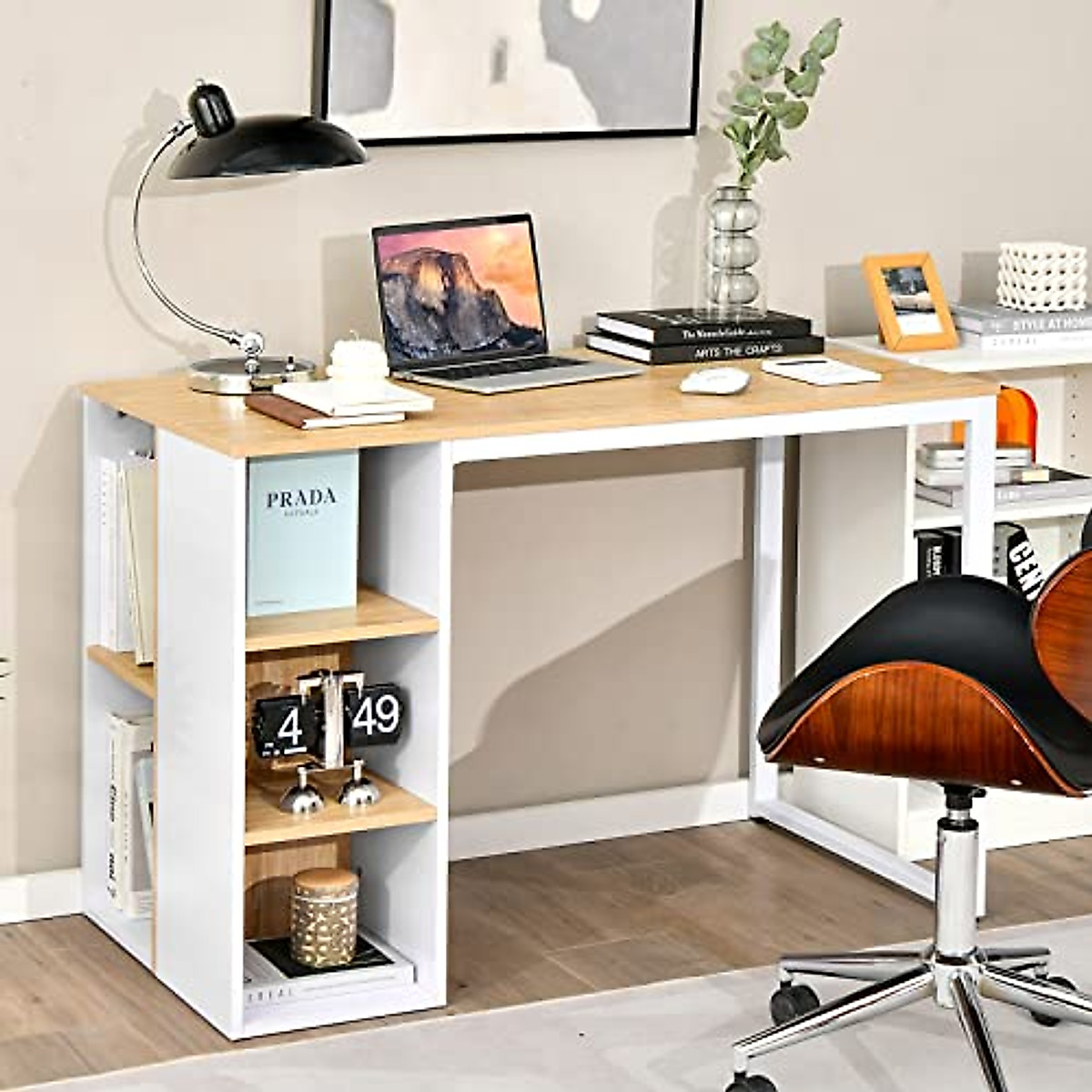 Tangkula Computer Desk with Storage Shelves, Home Office Desk with 5 Side Shelves & Metal Frame, Space Saving Laptop PC Desk, Writing Study Desk, Modern Vanity Desk for Bedroom (Natural)