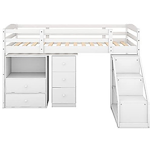 HYC Twin Loft Bed with Multifunctional Movable Built-in Desk, Wood Low Loft Bed with Stairs, for Kids Teens Girls Boys,White