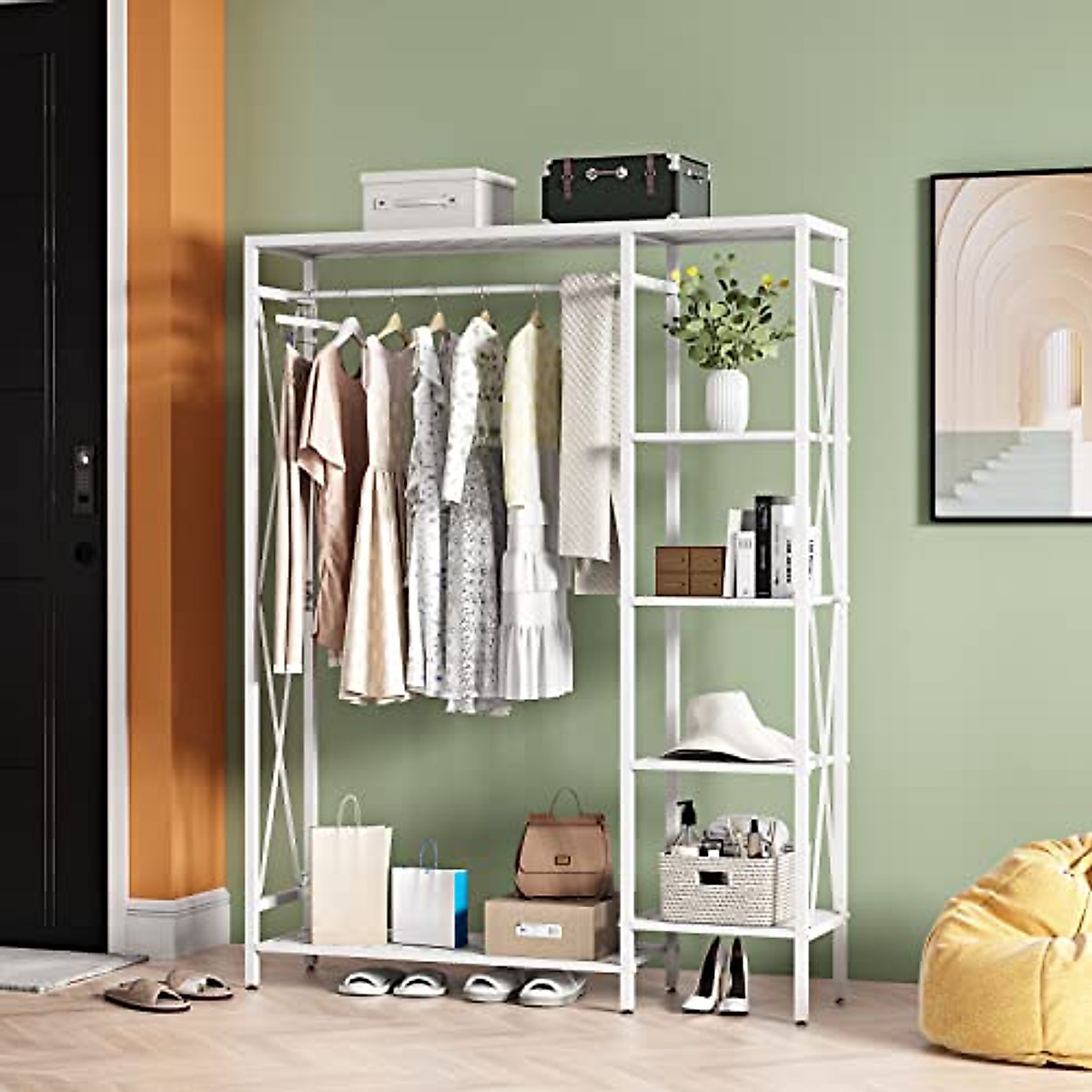 TIEOU White Clothing Rack with Shelves, Standing Garment Rack, Clothes Rack for Hanging Clothes, Modern Rack Clothes, White Clothes rack,Wardrobe Closet, Industrial Clothing Rack