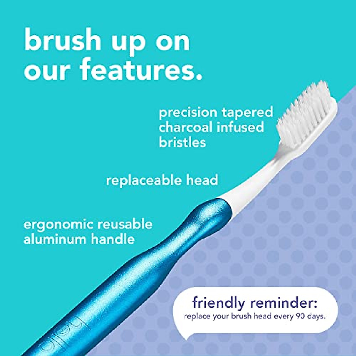 hello Manual Adult Toothbrush With Reusable Blue Modern Aluminum Handle & 4 Soft Replacement Heads, Bpa-free, 4 count