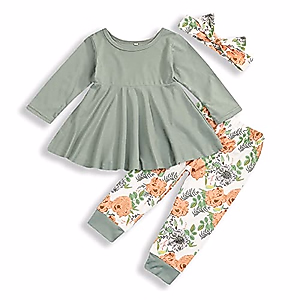 bilison Toddler Baby Girl Clothes Solid Color Ruffle Tops Floral Pants with Headband Outfit Set
