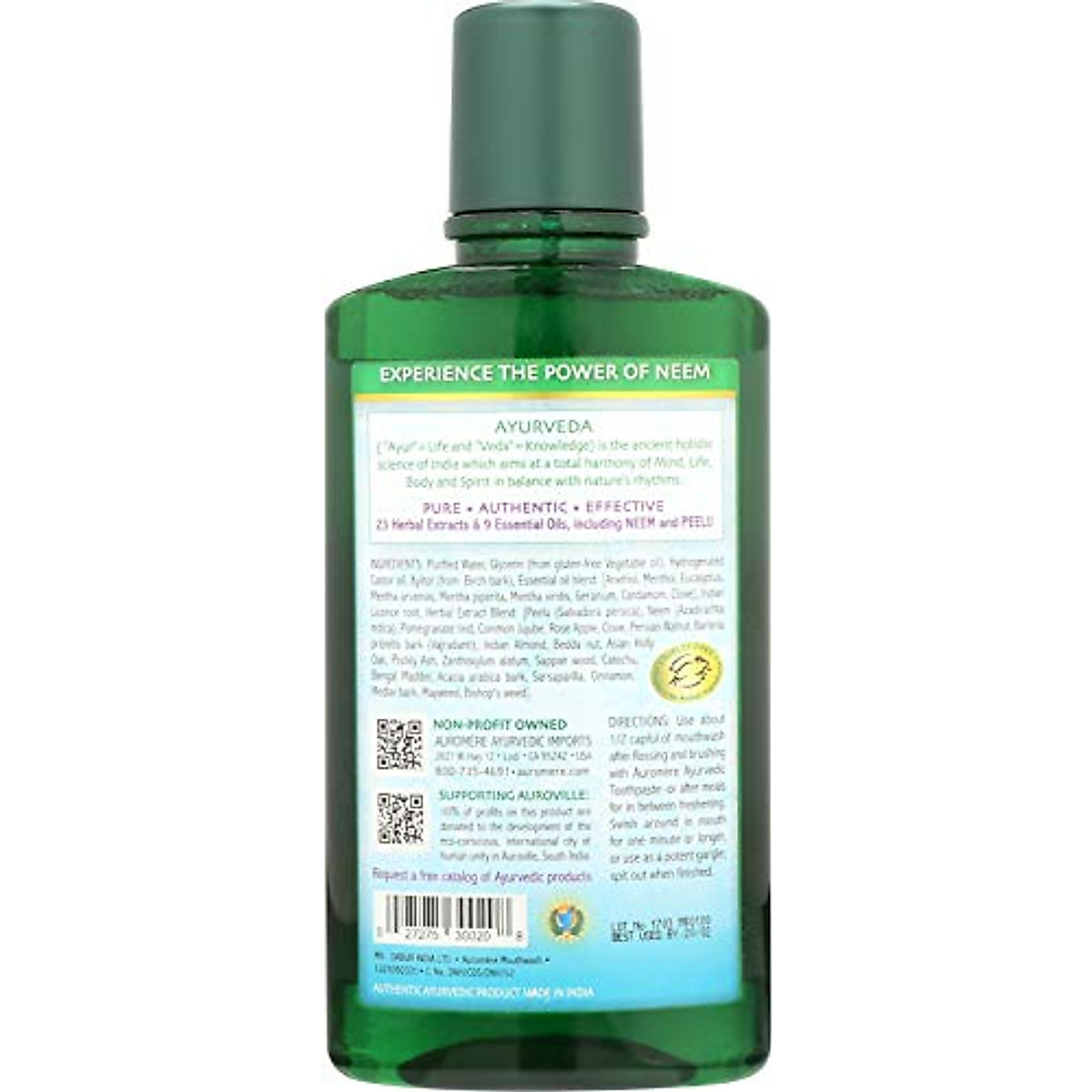 Auromere Ayurvedic Mouthwash - Vegan, Fluoride Free, Alcohol Free, Natural, Non GMO (16 fl oz), 1 Pack