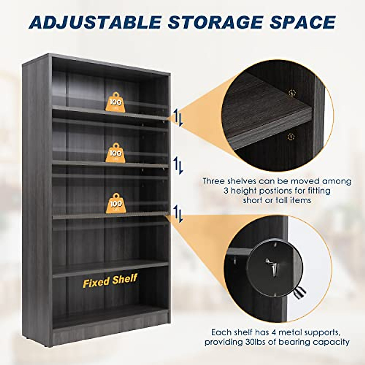 5-Shelf Wood Bookcase Freestanding Display Bookshelf for Home Office School (Grey,11.6" Depth*33" Width*59.8" Height)