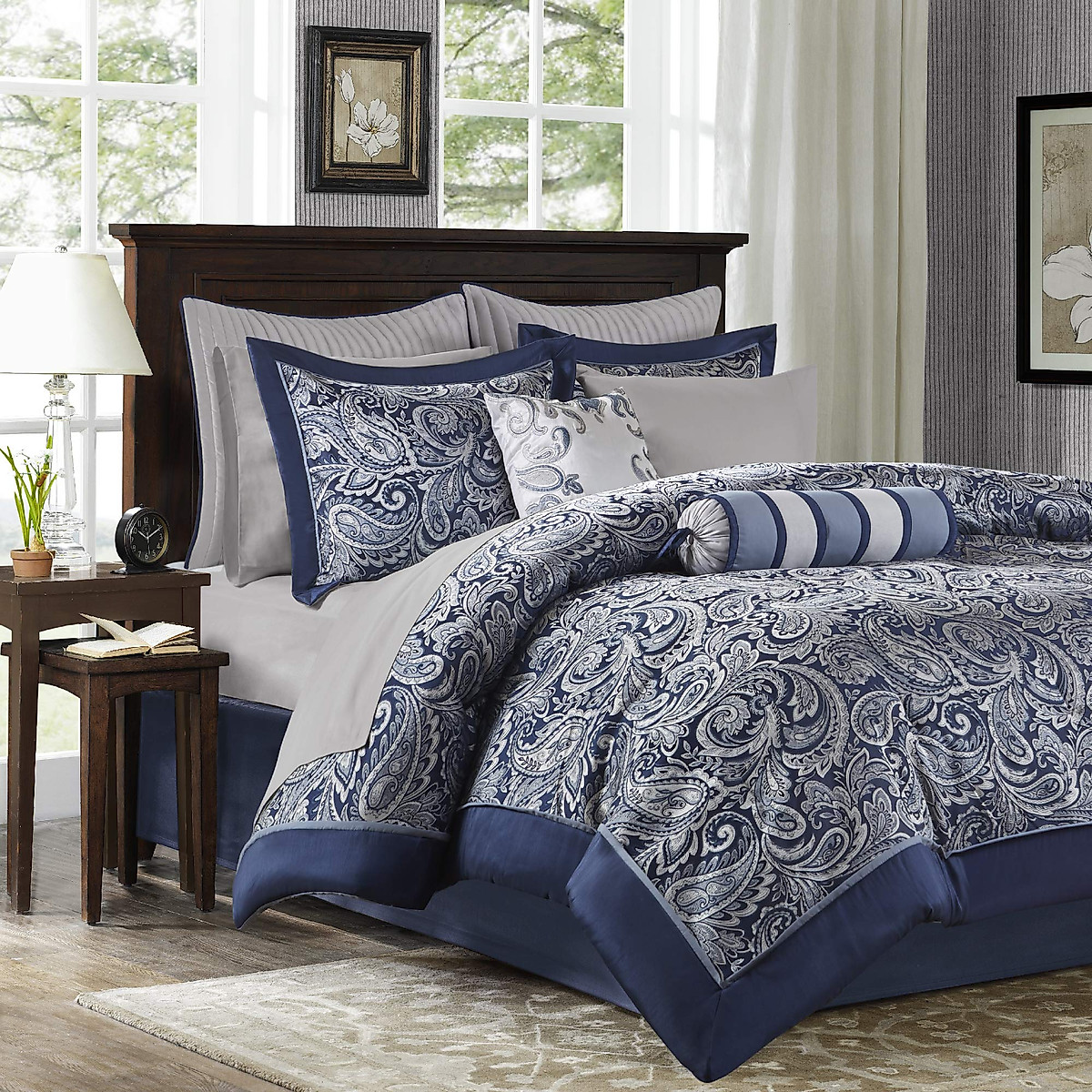 Madison Park Aubrey Bedding and Curtain Set - 12 Piece King Size Navy Blue Paisley Design