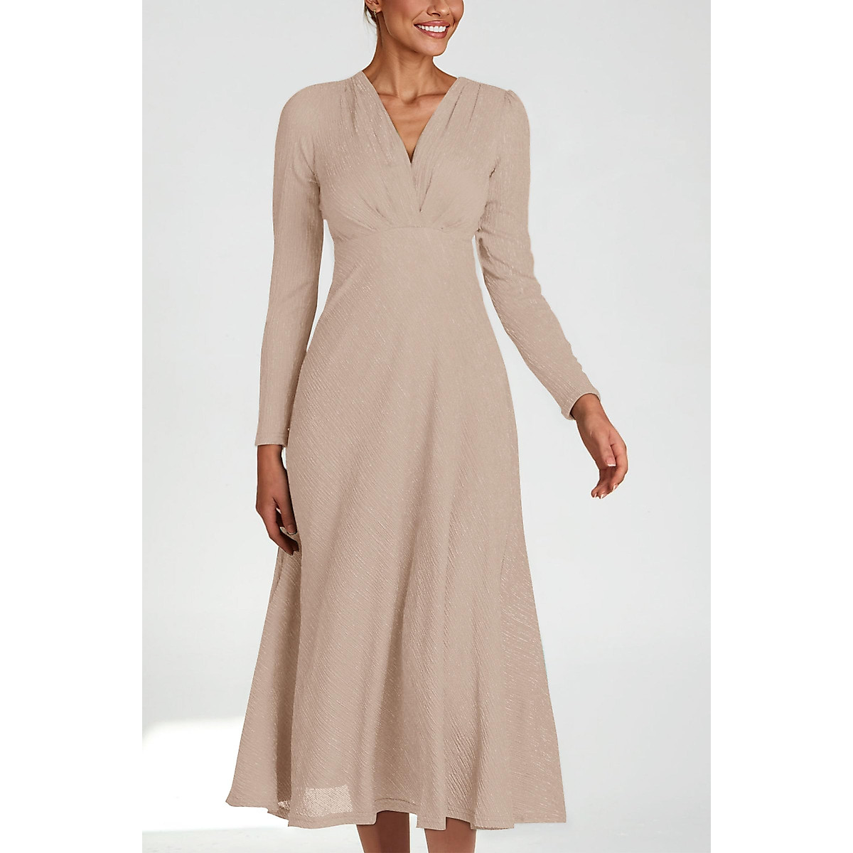 PRETTYGARDEN Women's 2024 Fall Midi Dress Casual Long Sleeve V Neck Cocktail Party A Line Flowy Dresses (Beige,X-Large)