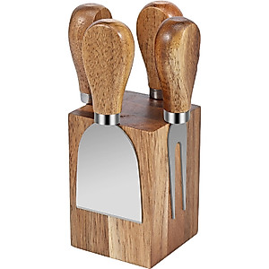Wekvgz Cheese Knife Set, 4 Small Stainless Steel Charcuterie Board Utensils with Magnetic Acacia Wood Holder, Cheese Cutter Set (A)