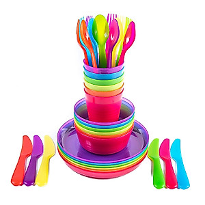 Cuddly Hippo Kids Plastic Dinnerware Set of 36 Multi Color Pieces (Plates, Bowls, Cups and Flatware) - Reusable, BPA-Free, Dishwasher Safe and Microwaveable