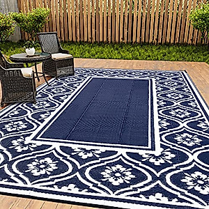 HUGEAR RV Outdoor Rug Waterproof Mat Outdoor Rugs 6'x9' for Patios Clearance Carpet Outdoor Camping Rugs Large Plastic Straw Rug (Lantern Navy Blue&White)