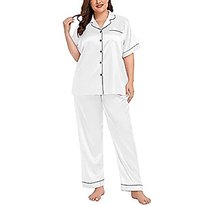 SWOMOG Plus Size Silk Pjs for Women Satin Pajamas Bridal Pajama Set V-Neck Classic Pj Set for Pajama Party 2 Piece Loungewear 24W White