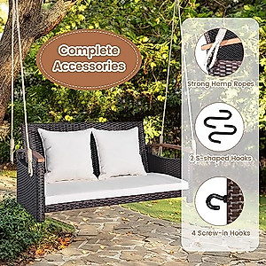HAPPYGRILL 2-Seater Hanging Swing, Outdoor PE Rattan Hanging Swing with Curved Acacia Wood Armrests, Padded Cushions, Porch Swing Bench, Perfect for Patio Garden Deck, 800 lbs Weigh Capacity