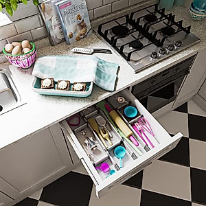 Practical Comfort Drawer Dividers, 18 pcs adjustable drawer dividers set, Made from high strength aluminum, 6 Main expandable drawer divider expand From 19.7" to 22" + 12 Sliding Separators 3.8"