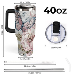 YTLKGFP 40 Oz Large Capacity Car Cup Beautiful Butterfly Pattern Tumbler with Handle (Black) Straw Lid Insulated Stainless Steel Water Bottle Travel Mug Leak-proof Car Cup Keeps Cold Or Hot