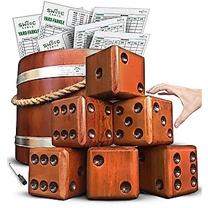 SWOOC Games - Yardzee, Farkle & 20+ Giant Dice Games (All Weather) Yard Dice with Wooden Bucket, 5 Scorecards & Marker - Jumbo Dice Yard Game - Extra Large Yard Games for Adults - Jumbo Lawn Games