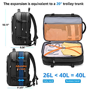 Refutuna Travel Backpack, 40L Flight Approved Carry On Backpack for Men Women, Expandable Water Resistant USB Charging Port Anti-Theft Laptop Backpack(Black)