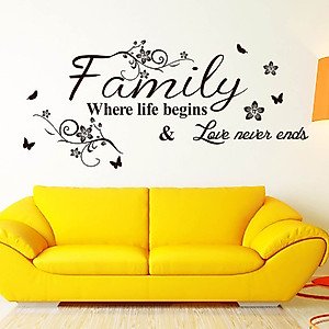 Wall Stickers, Home Decorations for Living Room, Family Where Life Begins & Love Never Ends, Letters for Wall Decor Word Sticker Decal Peel and Stick for Classroom Home Bedroom Family Office Wall Art Decor